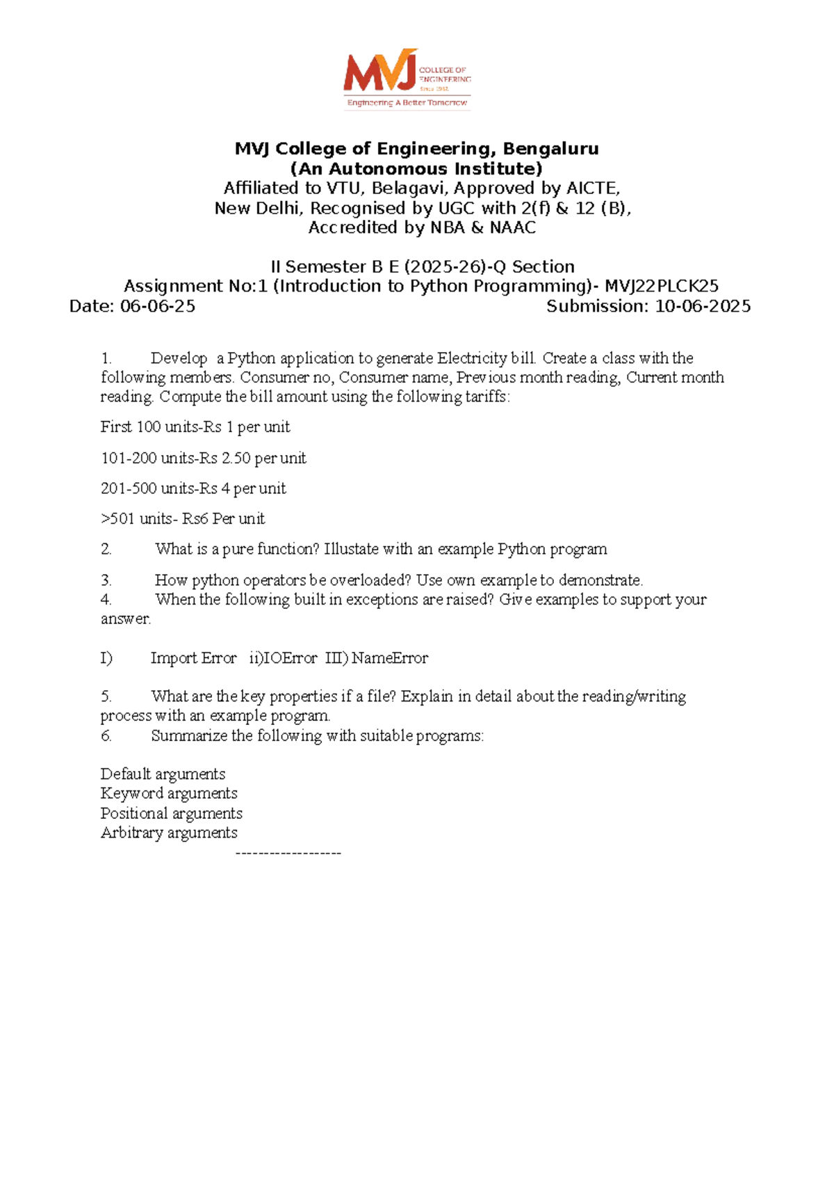 MVJ22PLCK25: Python Assignment No. 1 - Electricity Bill & Functions ...