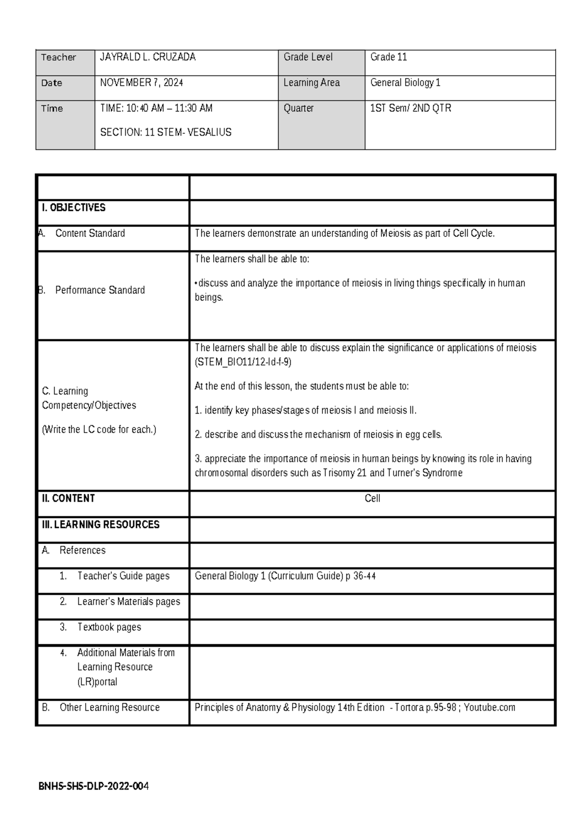 Meiosis Lesson Plan for General Biology 1 (Grade 11) - Studocu