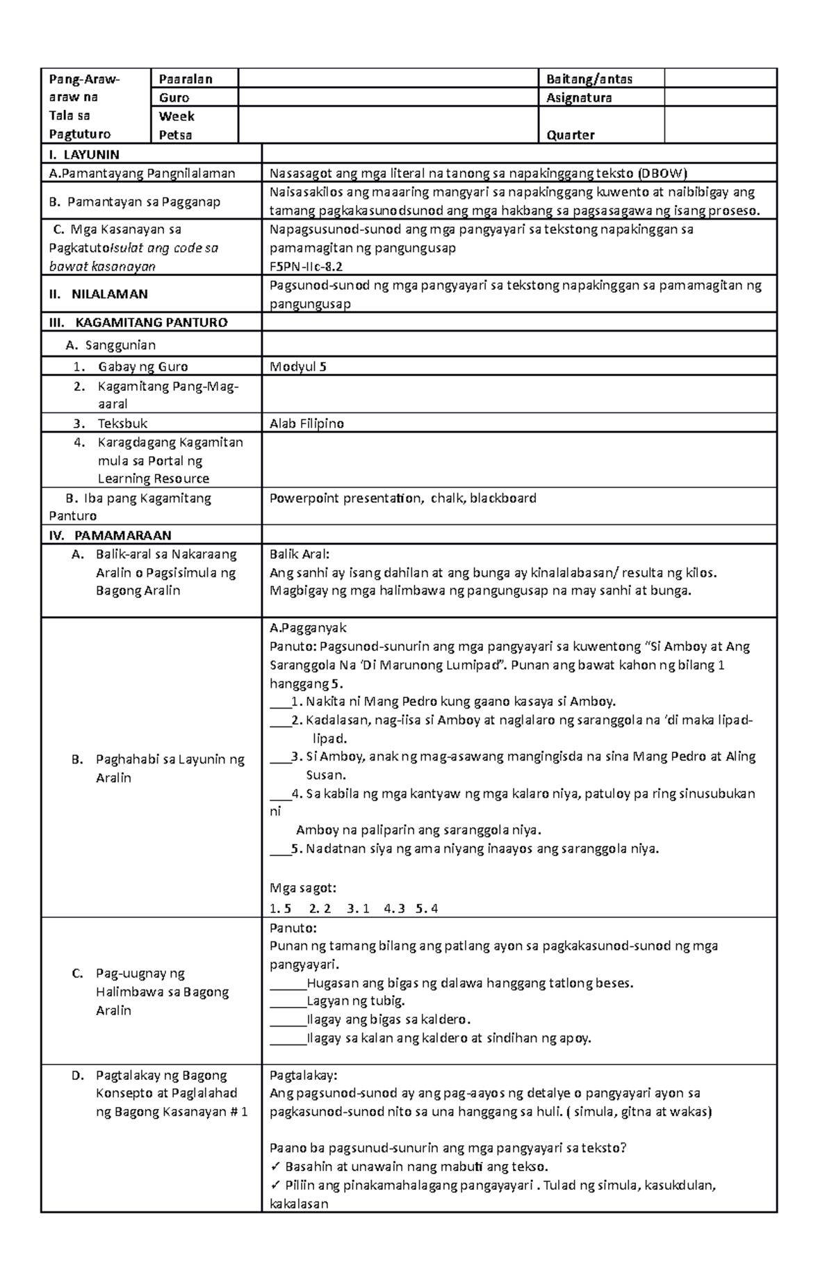 Pagkakasunod-sunod ng mga Pangyayari sa Napakinggang Teksto (F5PN-IIc-8 ...