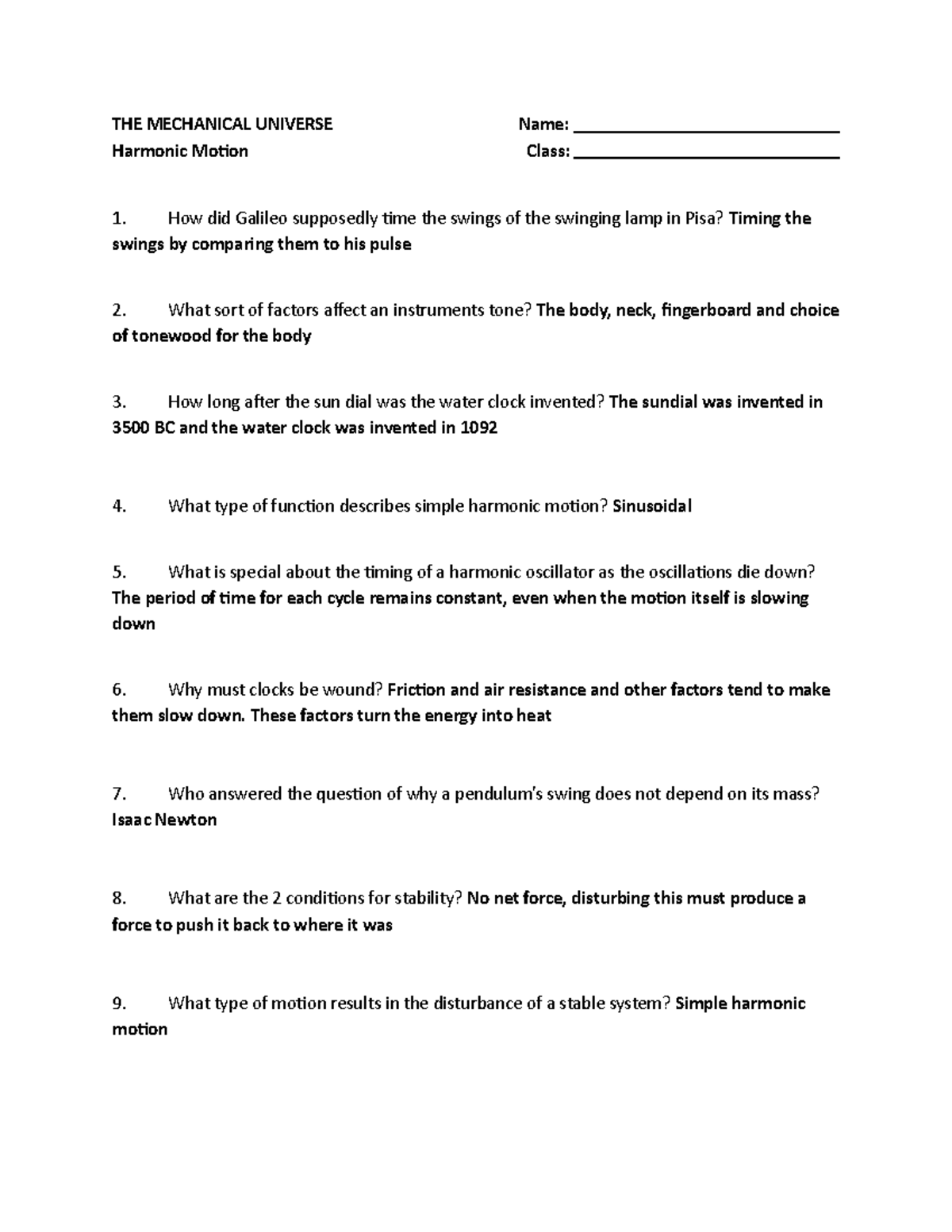 Mechanical Universe Worksheets
