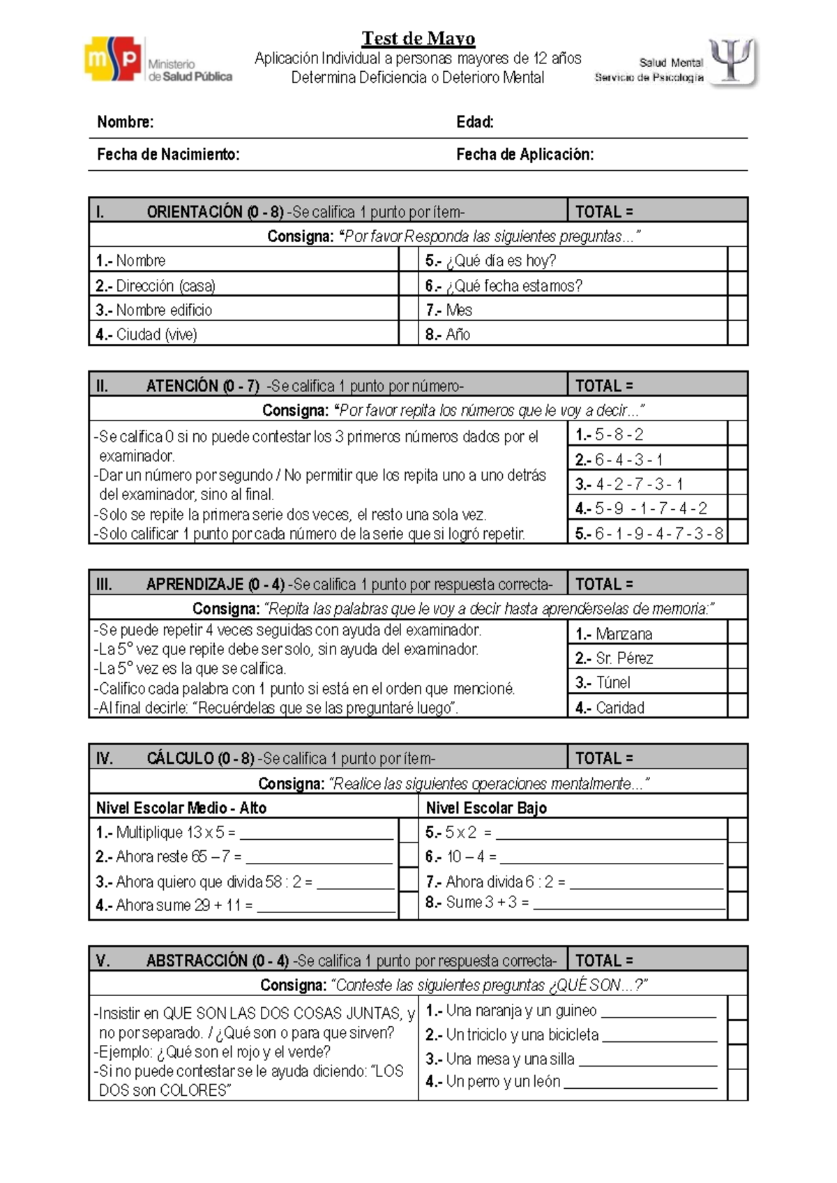 Test de Mayo - Evaluación de Deficiencia Mental (12+ años) - Studocu