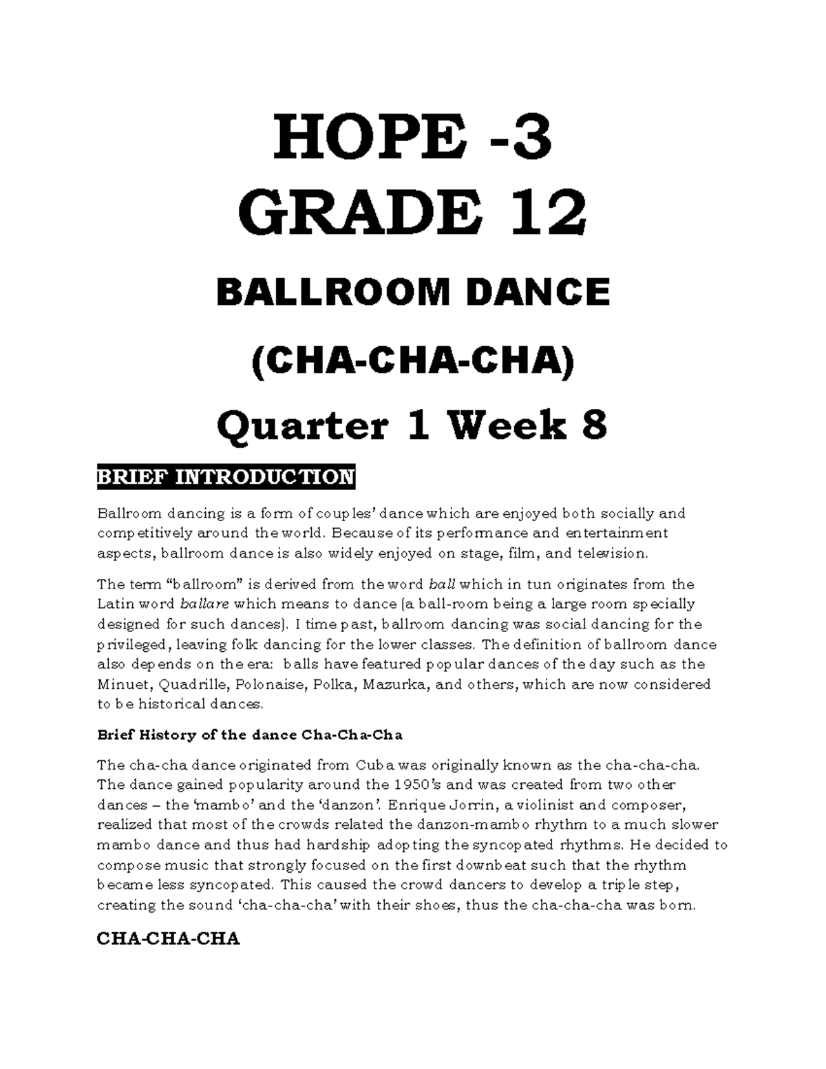 PE3-Module-8 - Cha-Cha Dance History and Syllabus Overview - Studocu