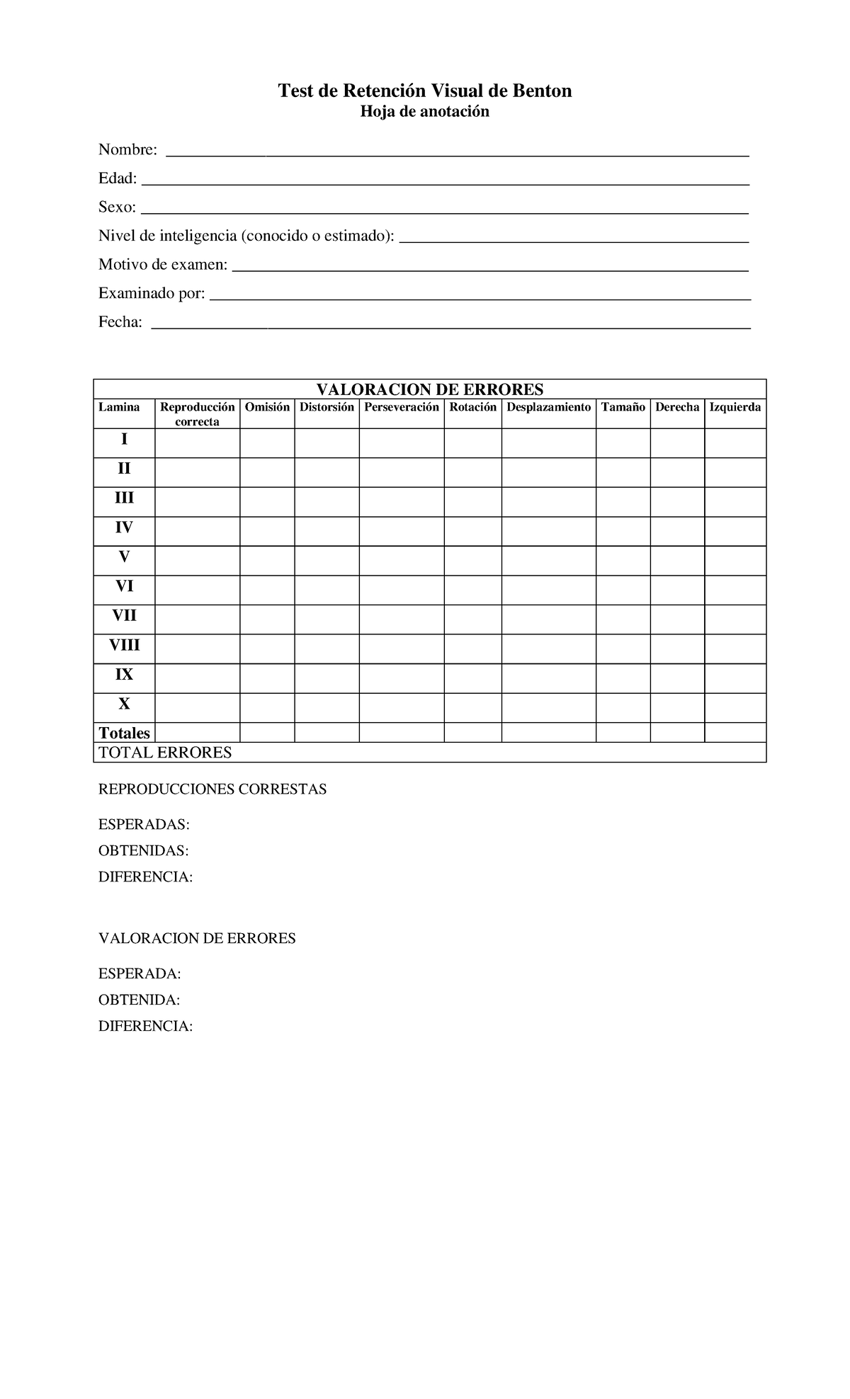 Benton hoja de aplicacion - Test de Retención Visual de Benton Hoja de ...