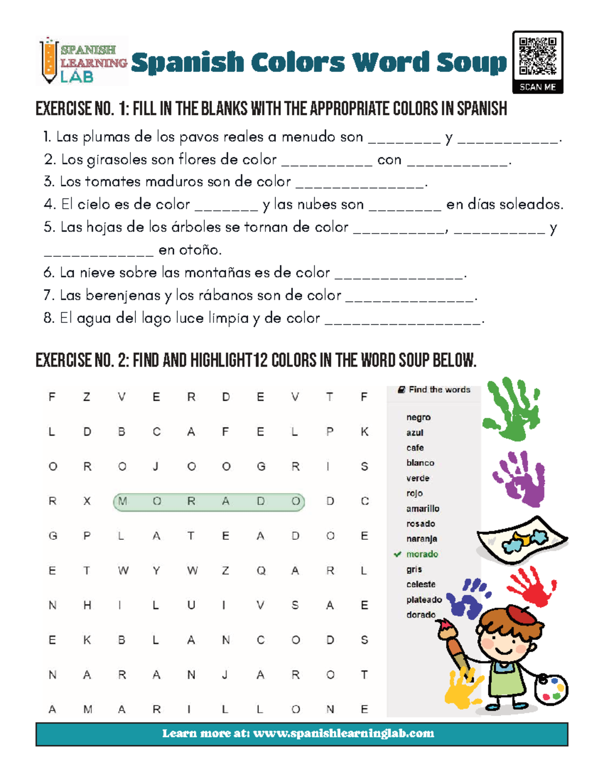 Spanish Colors Word Soup Worksheet: Fill in the Blanks & Highlight ...