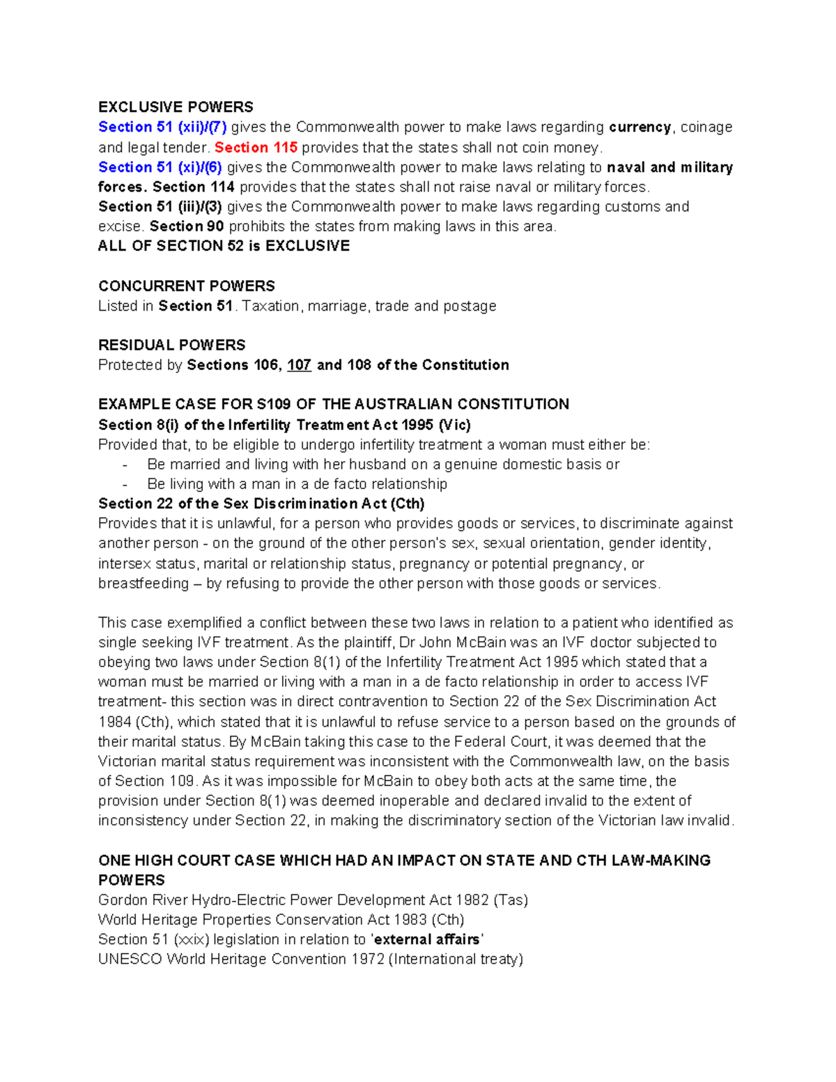 Legal Studies Unit 4 AOS 1: Exclusive Powers and Case Law Analysis ...