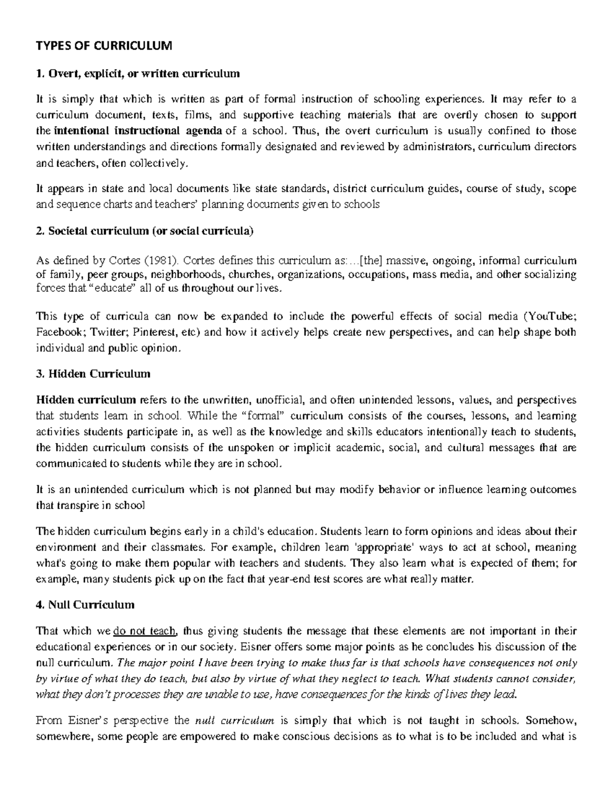 Types of Curriculum Explained - Comprehensive Overview of 10 Types - Studocu