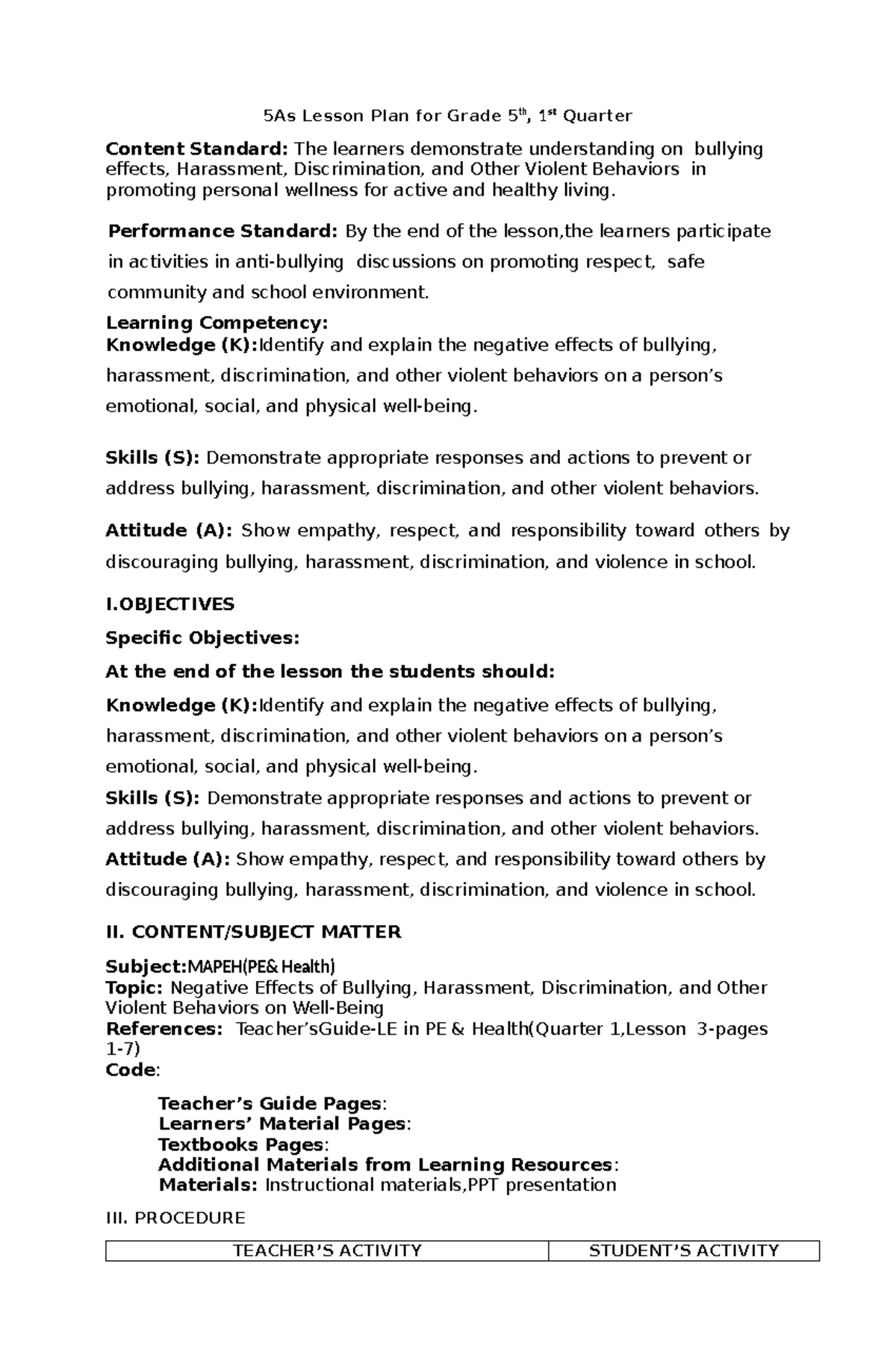 5As Lesson Plan for Grade 5 - Understanding Bullying and Its Effects ...