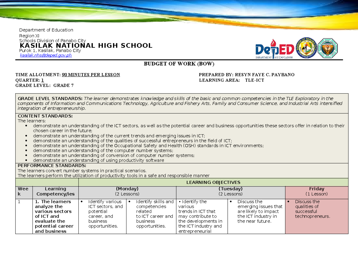 BOW for TLE Exploratory: ICT & Culinary Skills - Grades 7-10 - Studocu