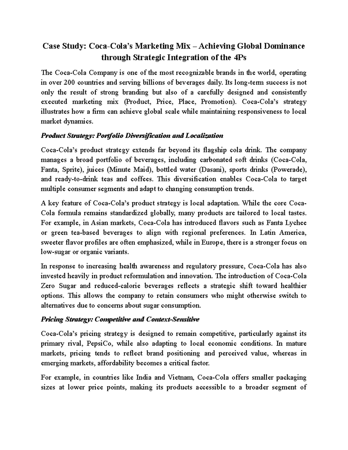 Case Study: Coca-Cola MKT Mix & Global Strategy of the 4Ps - Studocu