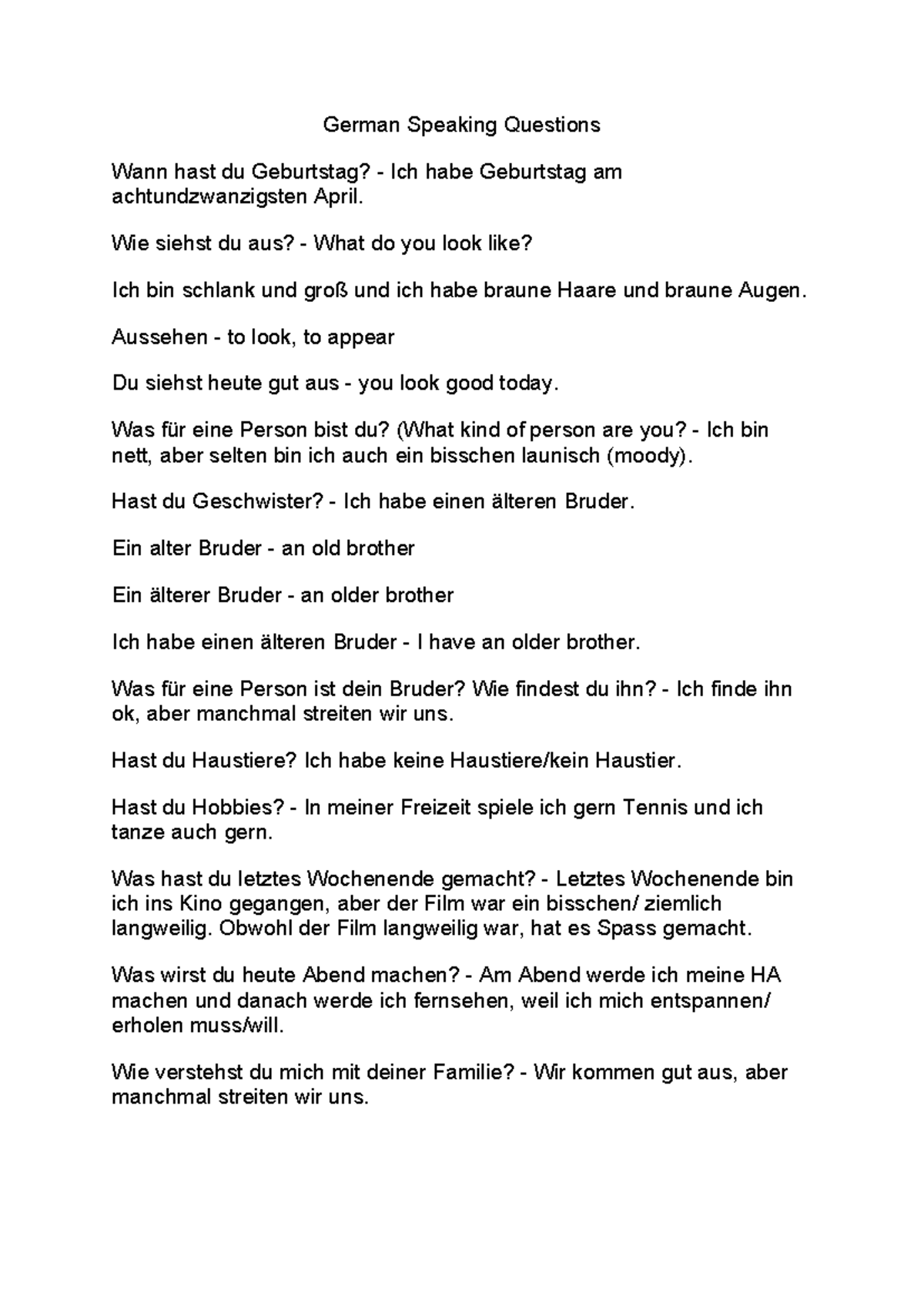 General conversation Family, Free time - German Speaking Questions Wann ...
