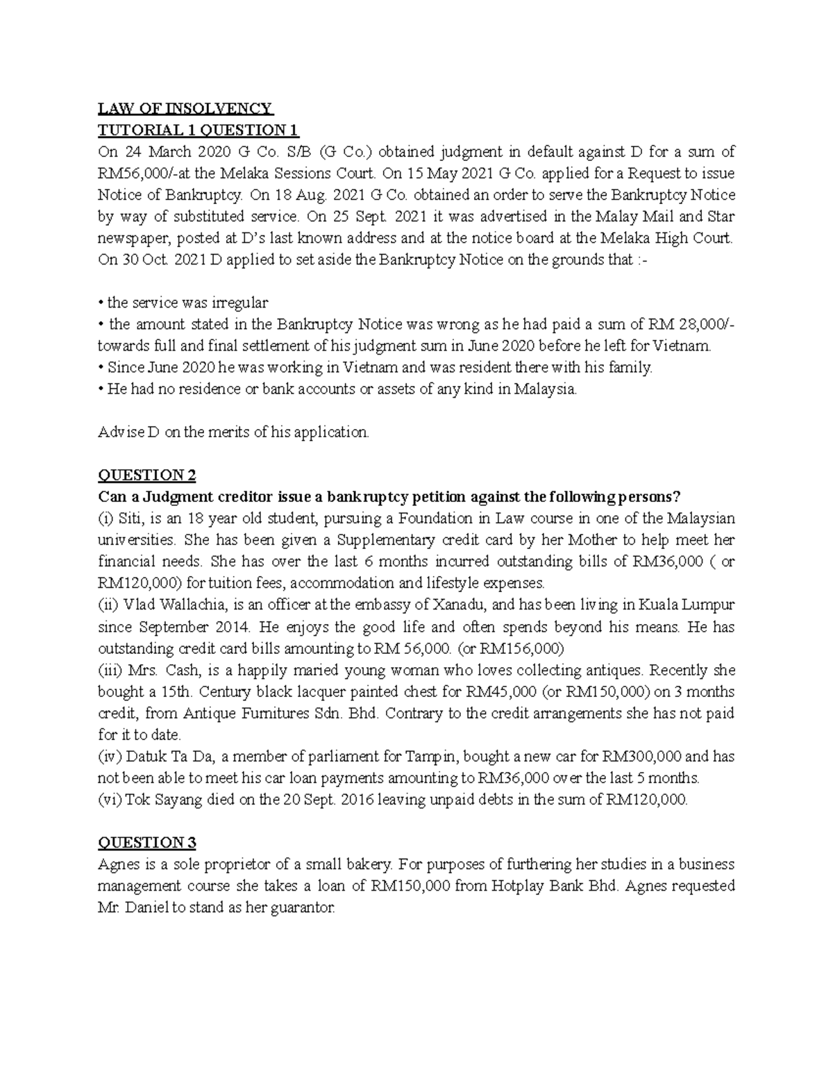 Complied Insolvency tutorial questions - LAW OF INSOLVENCY TUTORIAL 1 ...