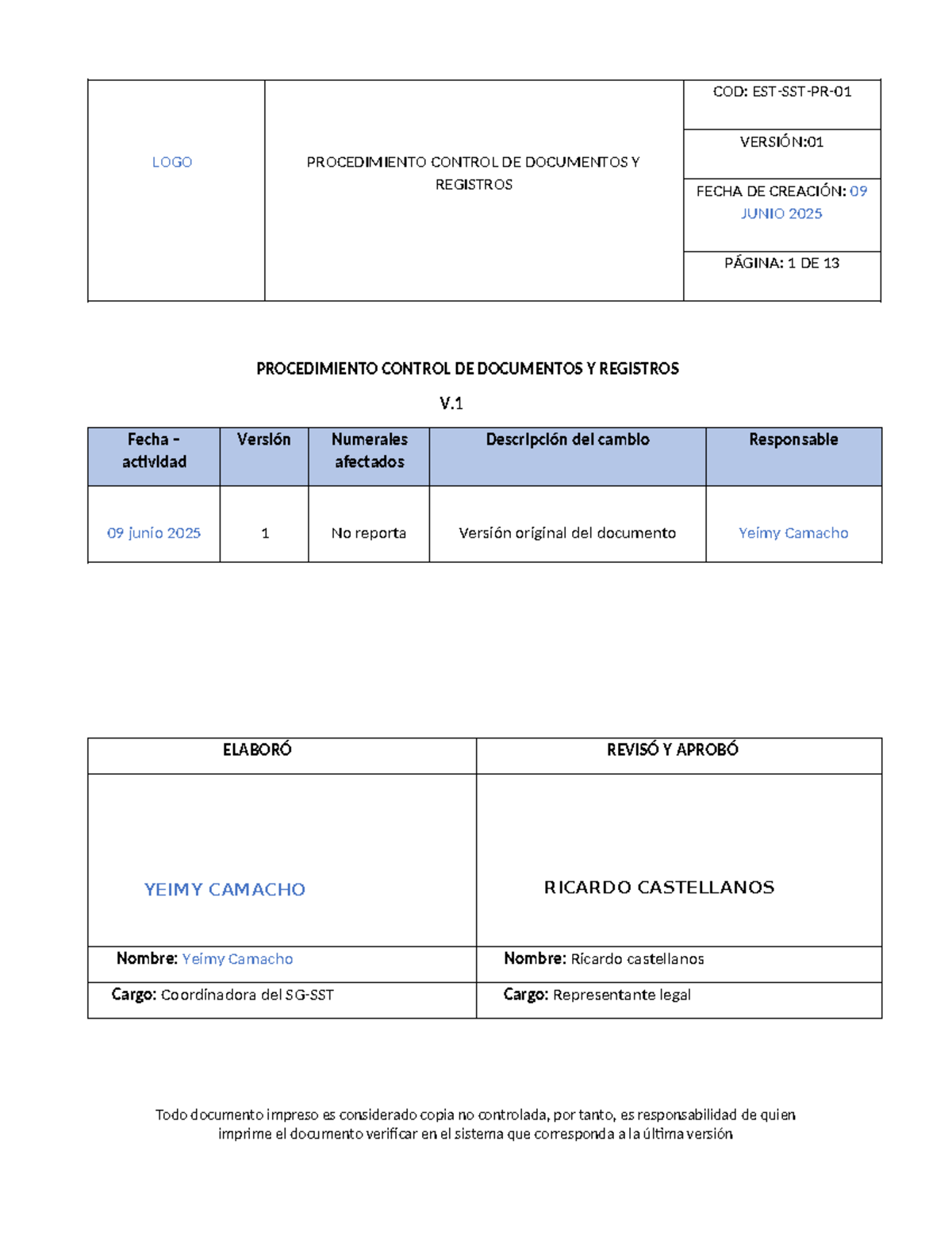EST-SST-PR-01 Procedimiento de Control de Documentos y Registros - Studocu