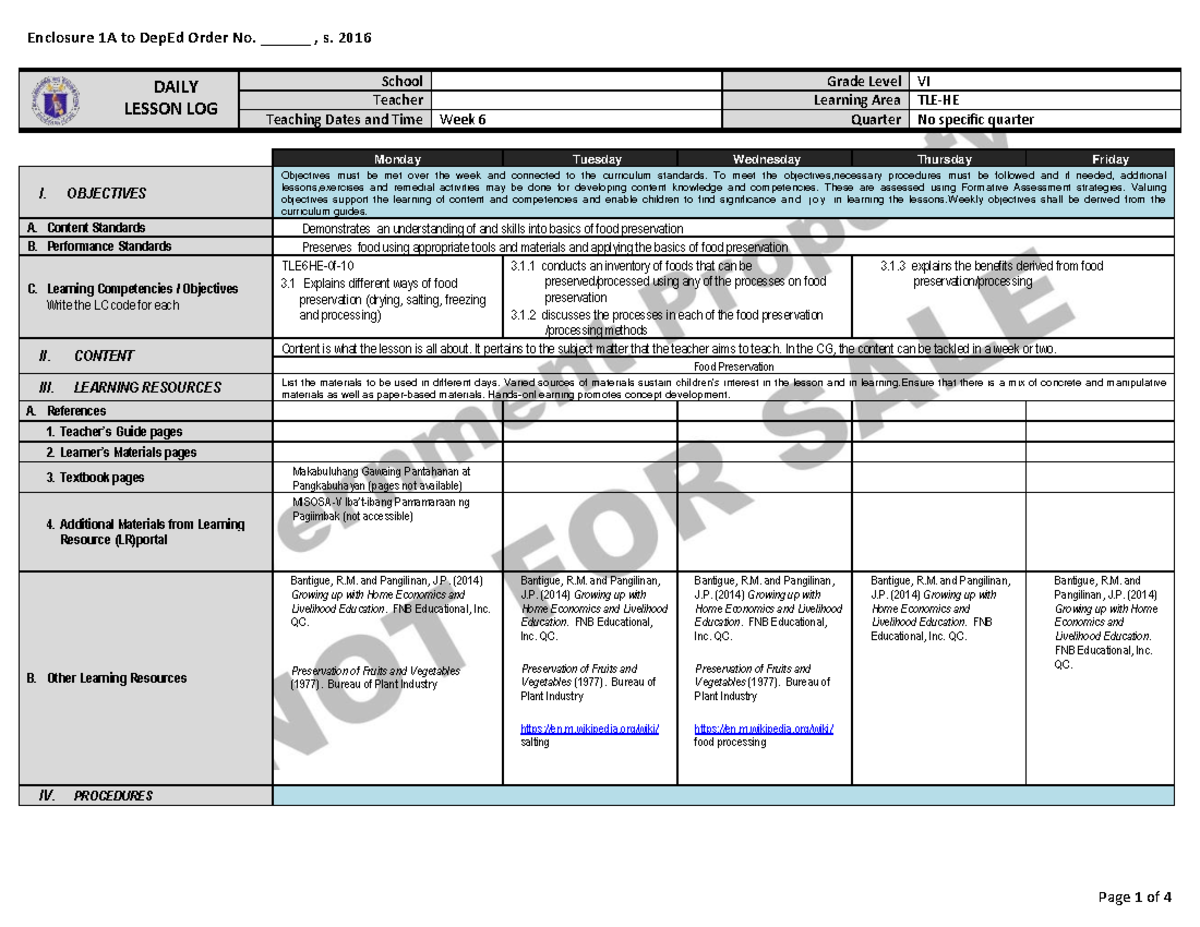 DLL-TLEHE-6 Lesson Log on Food Preservation for Week 6 - Studocu