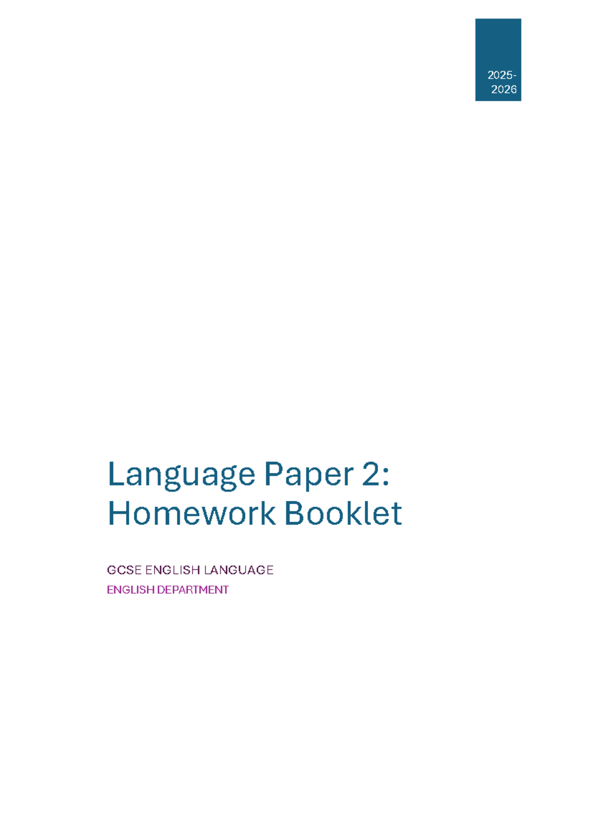 GCSE ENGLISH LANGUAGE 20252026 Paper 2 Homework Booklet - Studocu
