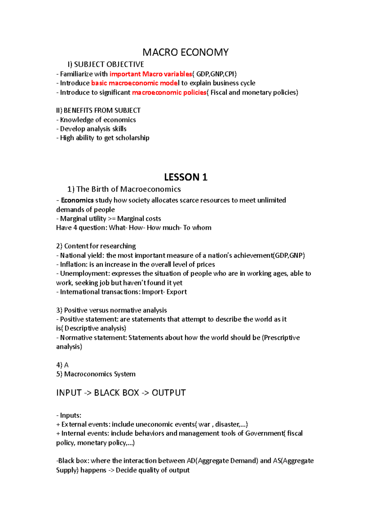 Macro Economy - MACRO ECONOMY I) SUBJECT OBJECTIVE - Familiarize with ...