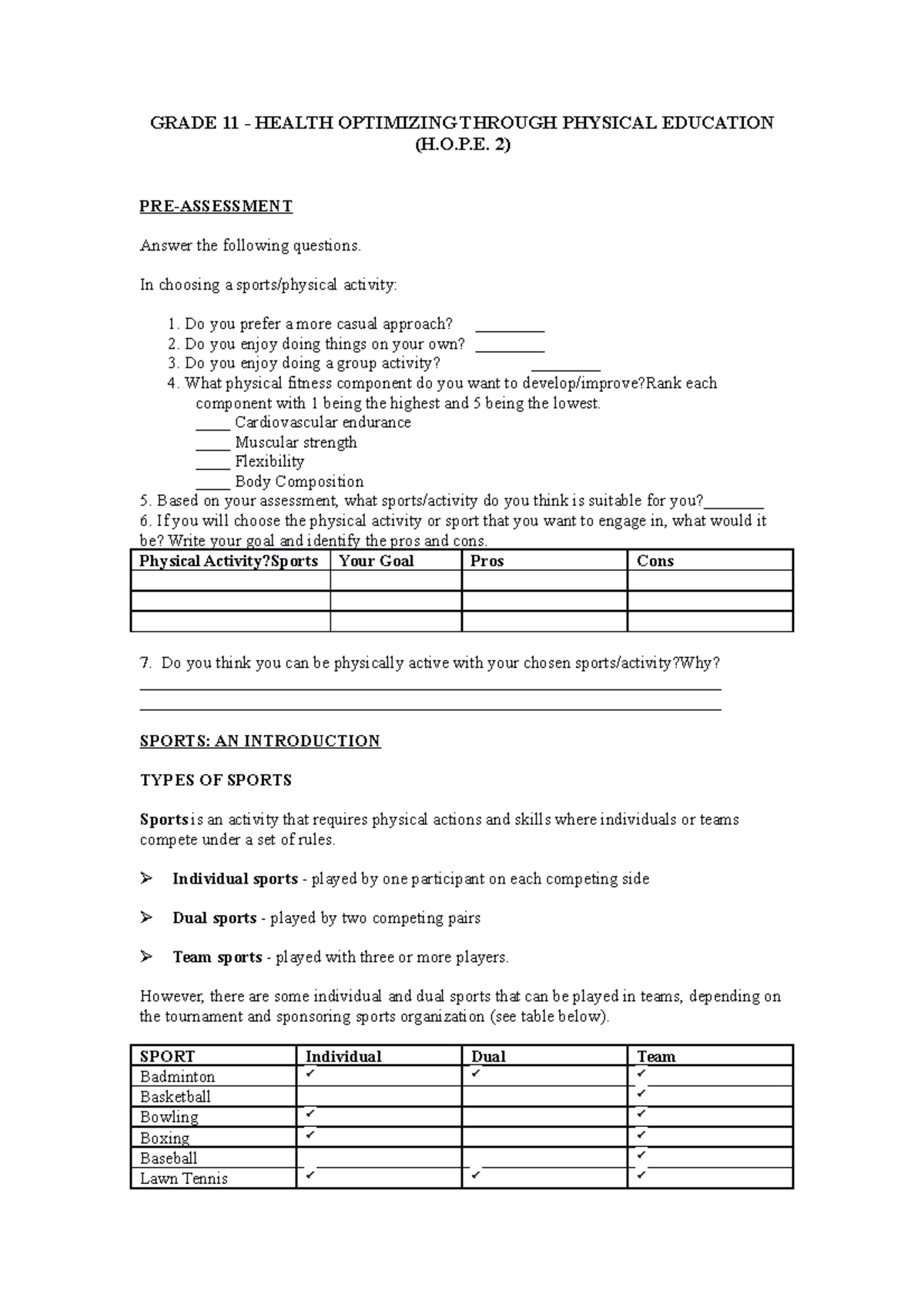 Grade 11 H.O.P.E. 2: Intro to Sports & Physical Education Guide - Studocu