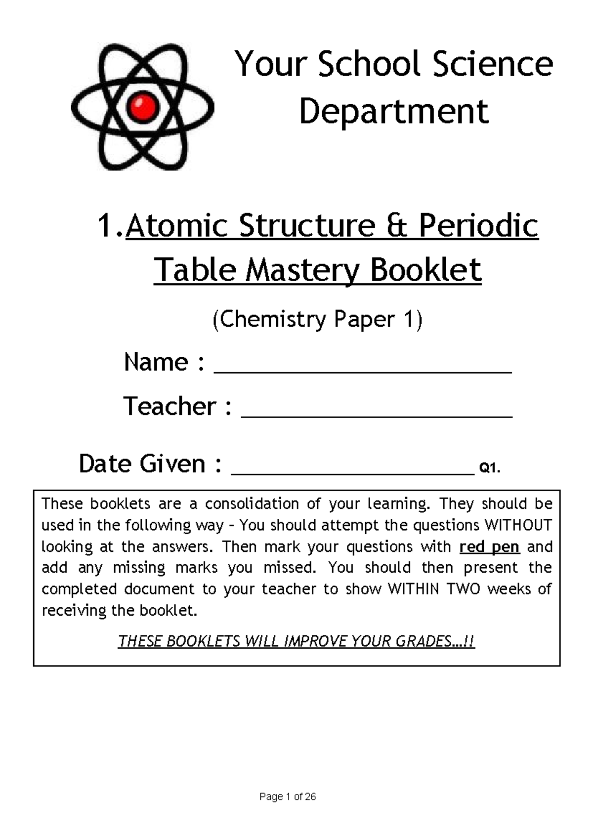 Atomic Structure & Periodic Table Mastery Booklet (Chemistry Paper 1 ...