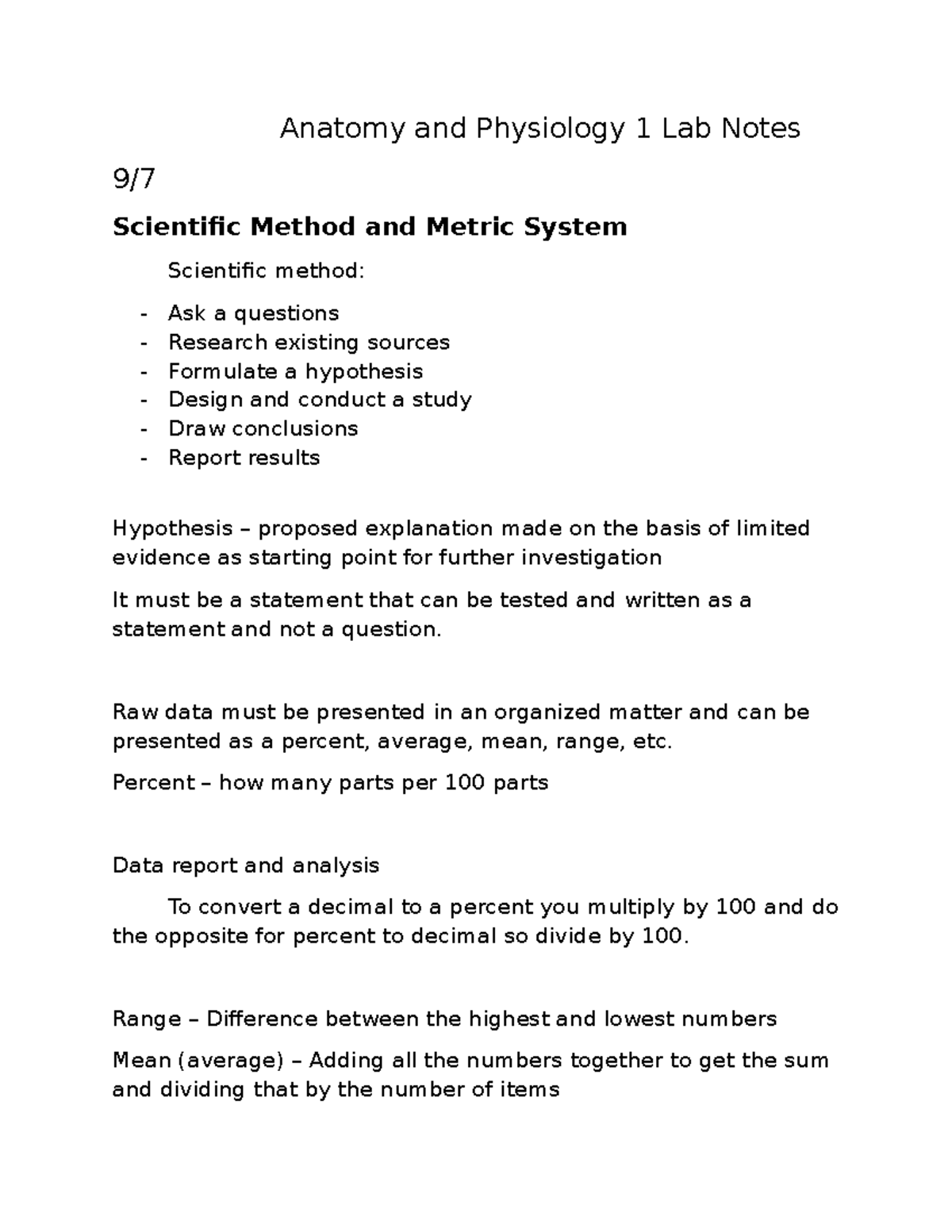 Anatomy & Physiology 1 Lab Notes: Scientific Method & Metrics - Studocu