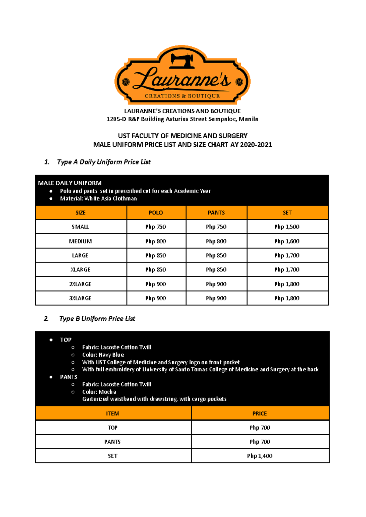 UST Medicine 1st Year Male Uniform Price List & Size Charts AY 2020 ...