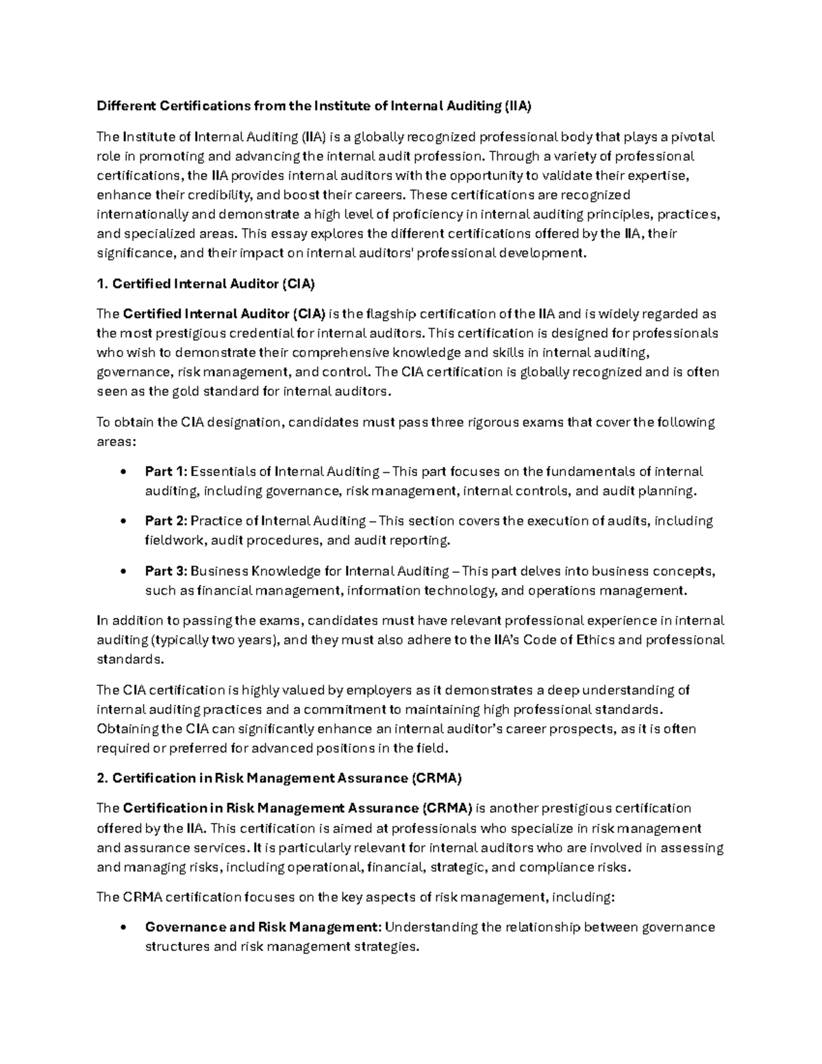 Different Certifications from the Institute of Internal Auditing (IIA ...
