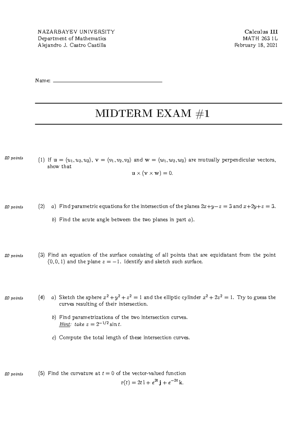 MATH 263 Calculus III Midterm Exam Review & Practice Questions - Studocu