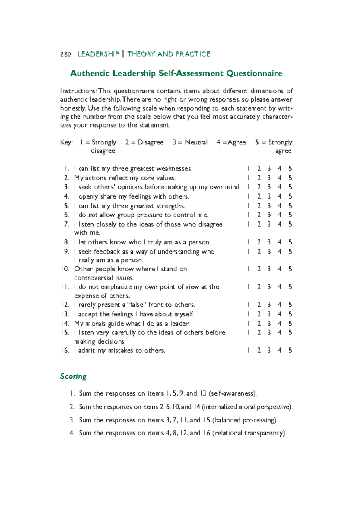 Authentic Leadership Questionnaire Instructions and Scoring Guide - Studocu