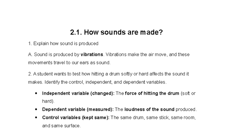 2.1. Understanding Sound Production and Variables in Experiments - Studocu