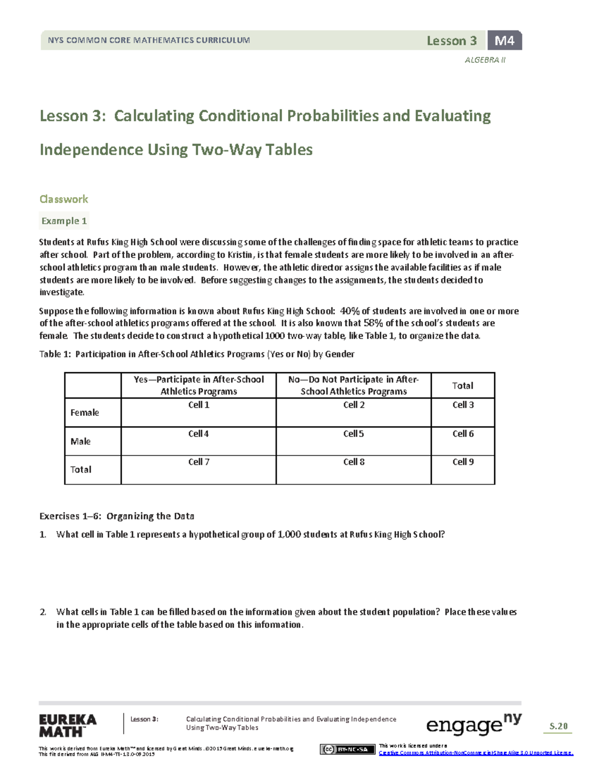 Lesson 3: Conditional Probabilities & Independence - Algebra II M4 ...