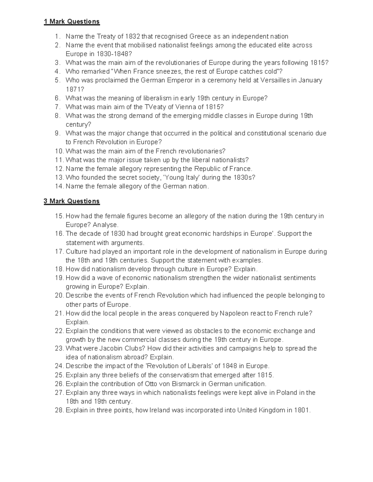 Nationalism in Europe: Practice Sheet for 1 Mark & 3 Mark Questions ...