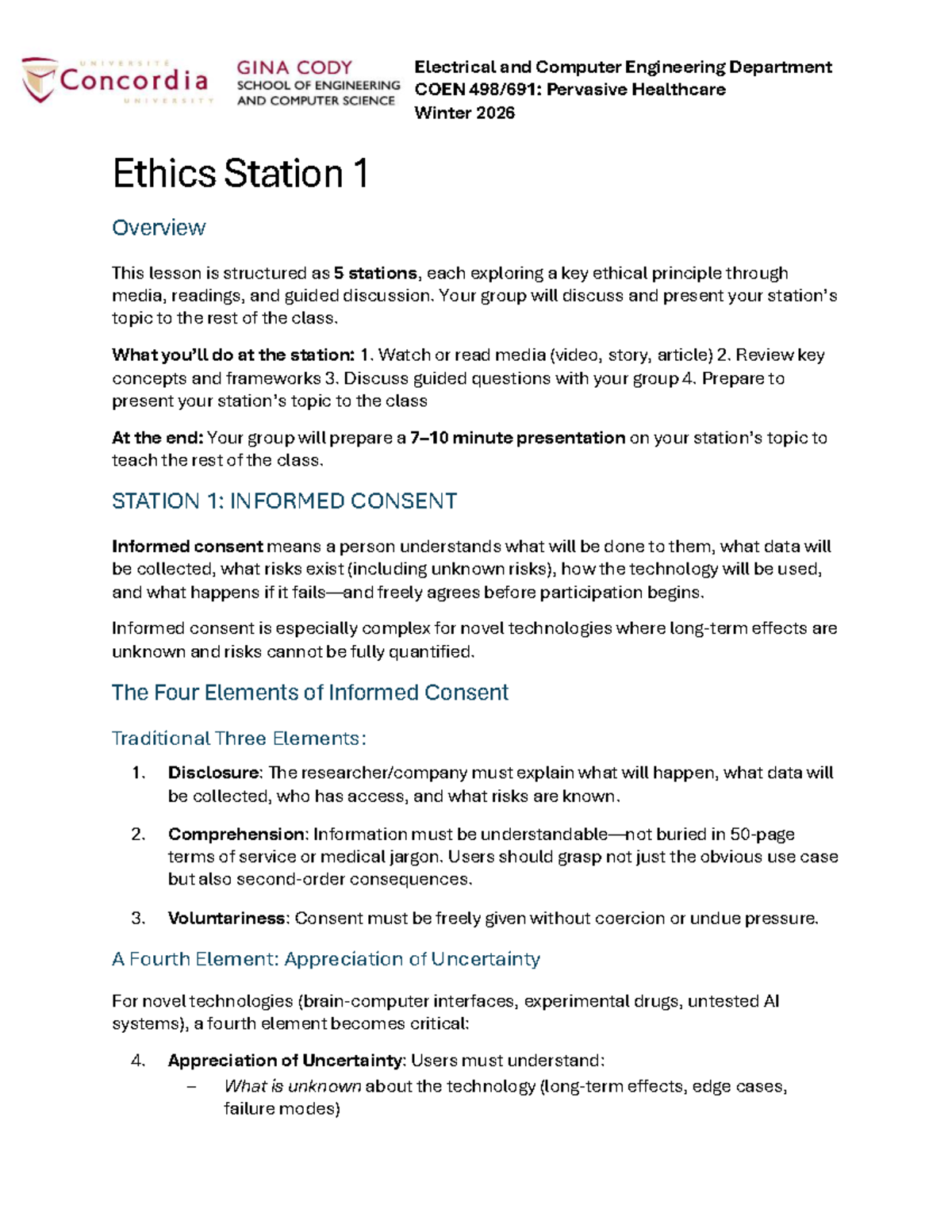 COEN Pervasive Healthcare Winter 2026 Ethics Station 1: Informed ...