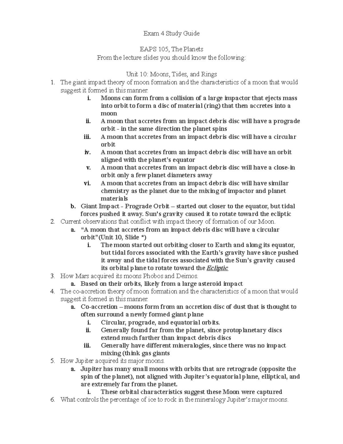 EAPS 105 Final Exam Study Notes: Moons, Tides, and Exoplanets - Studocu