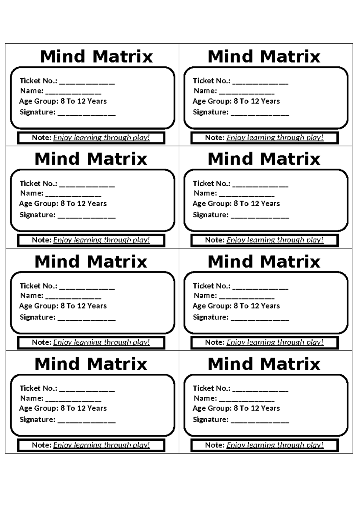 Mind Matrix Ticket for Age Group 8-12 Years - FHBJJ - Studocu