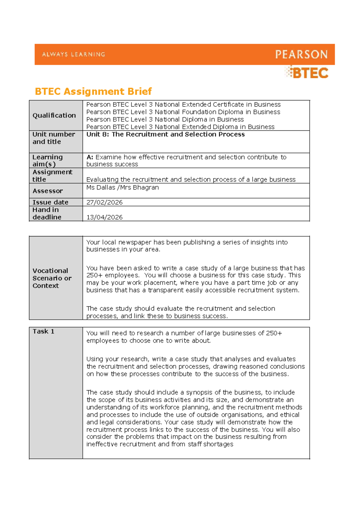Unit 8 Case Study: Recruitment & Selection Process Evaluation - Studocu