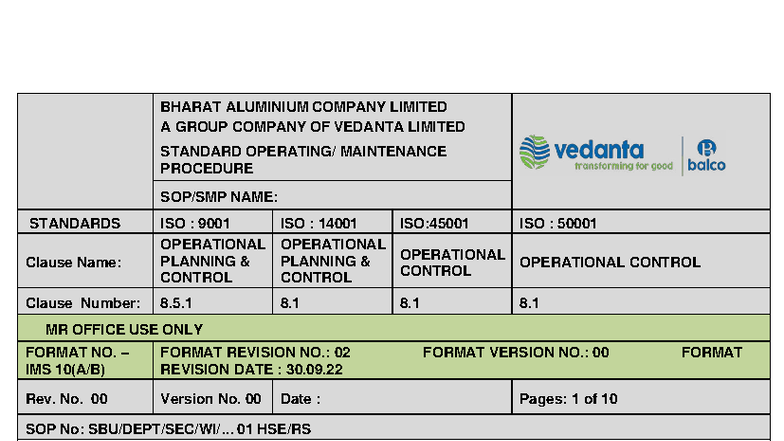SOP for Safety Clearance Process - BHARAT ALUMINIUM CO. (ISO 9001, 14001, 45001) - Studocu