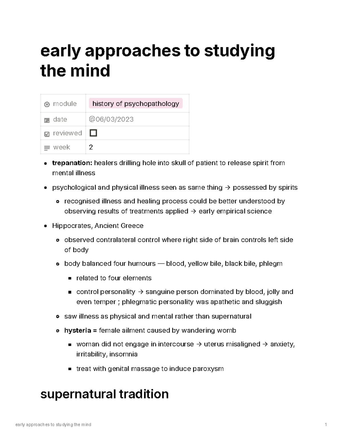 Early Approaches to Studying the Mind: History of Psychopathology (Week ...
