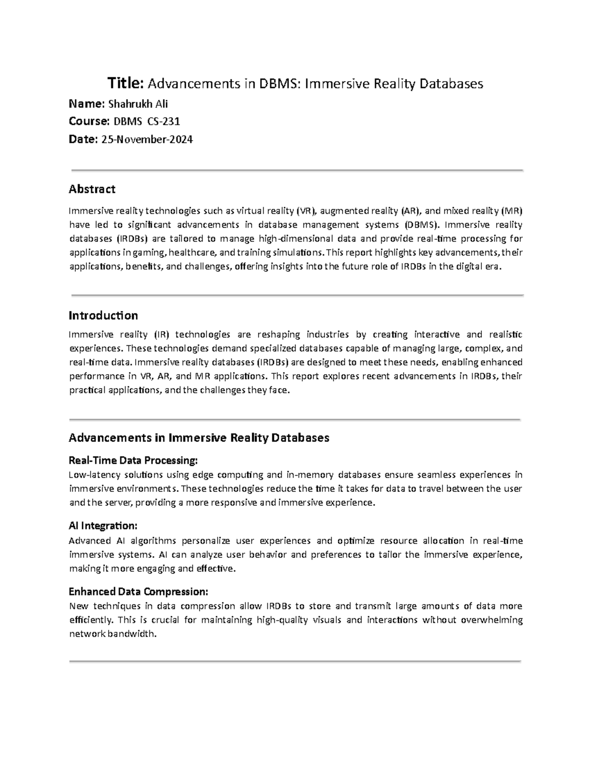 DBMS Immersive Reality Assignment - Title: Advancements in DBMS ...