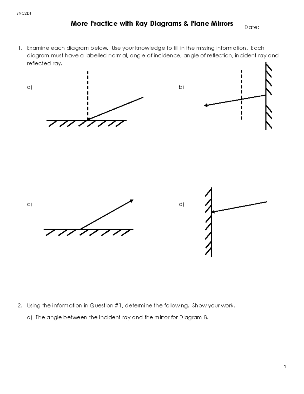 SNC2D Ray Diagrams Practice: Understanding Plane Mirrors and Reflection ...