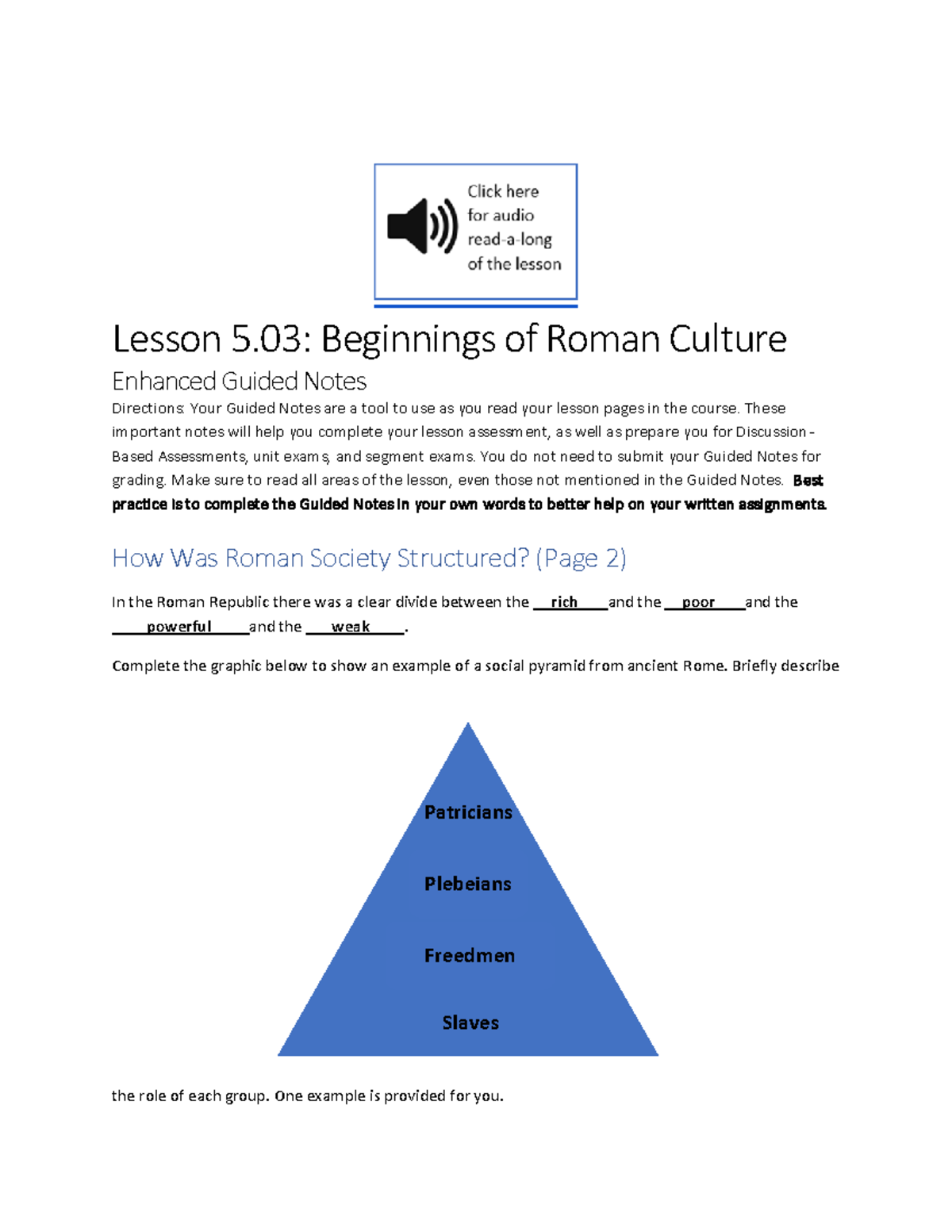 5.03 Enhanced Guided Notes: Beginnings of Roman Culture Lesson - Studocu