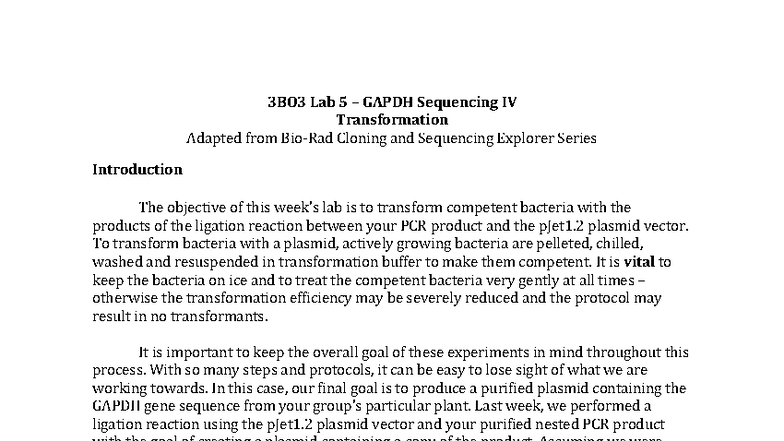 3B03 Lab 5 - GAPDH Sequencing IV Transformation Protocol - Studocu