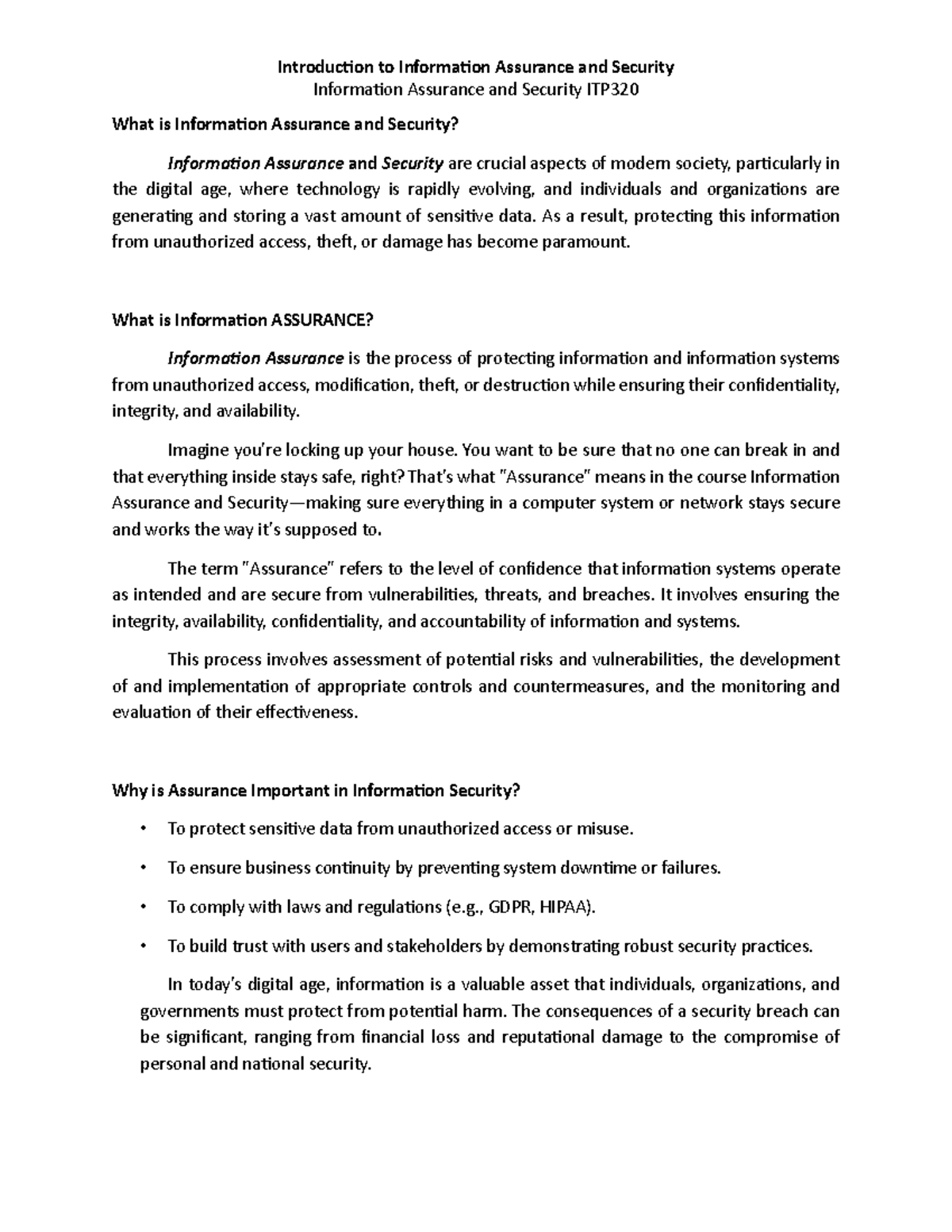 Lesson 1: Overview of Information Assurance & Security ITP - Studocu