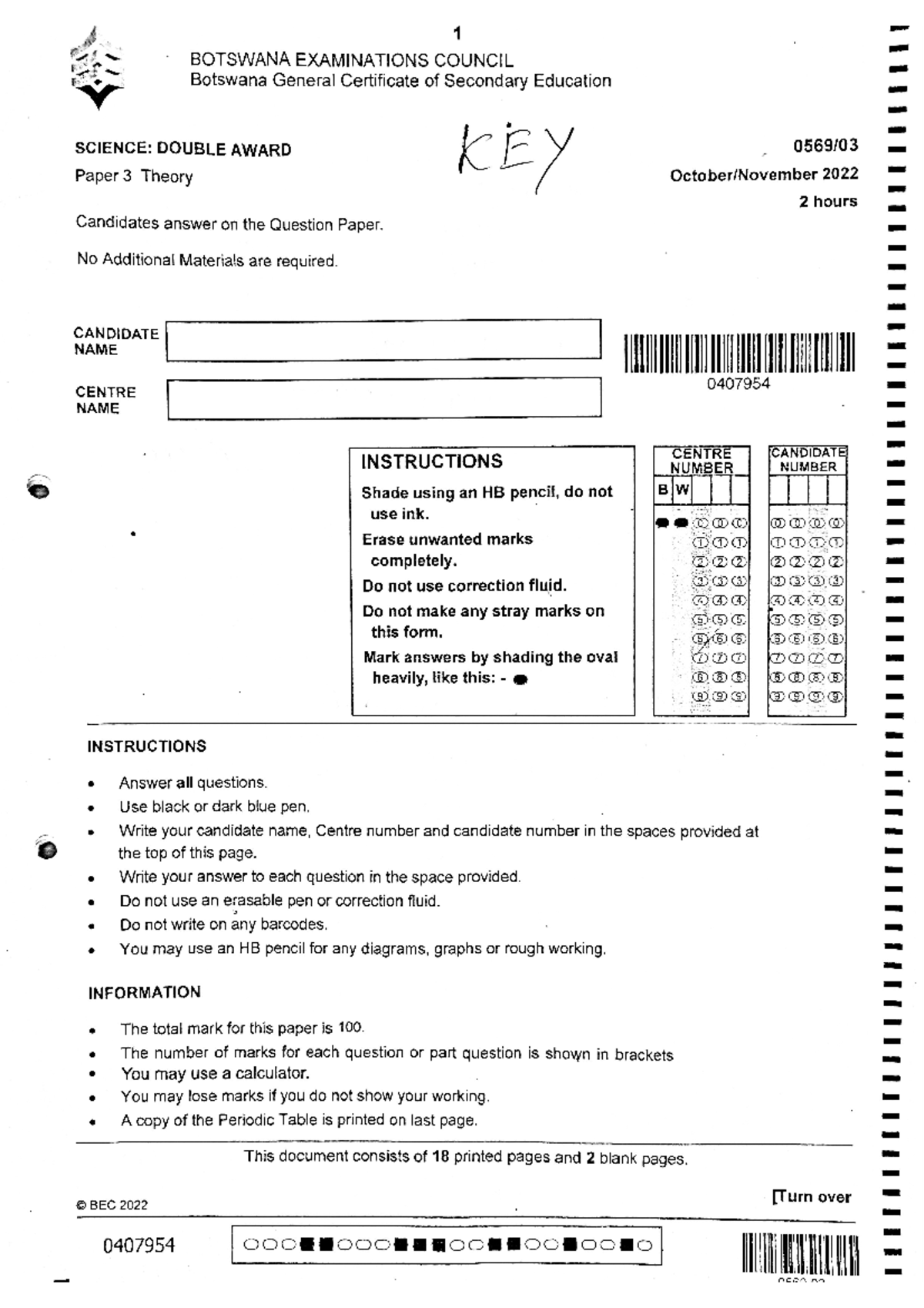 SDA 2022 P3 KEY - Botswana General Certificate of Secondary Education ...