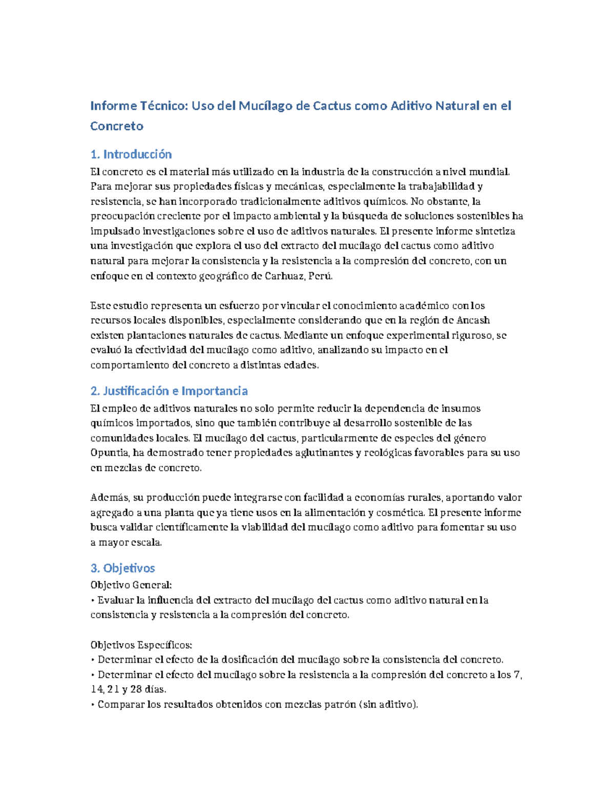 Informe Técnico: Uso del Mucílago de Cactus en Concreto - Estudio ...