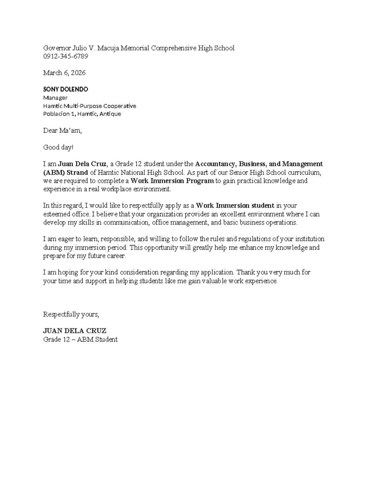 Application for Work Immersion - Grade 12 ABM Student - Studocu