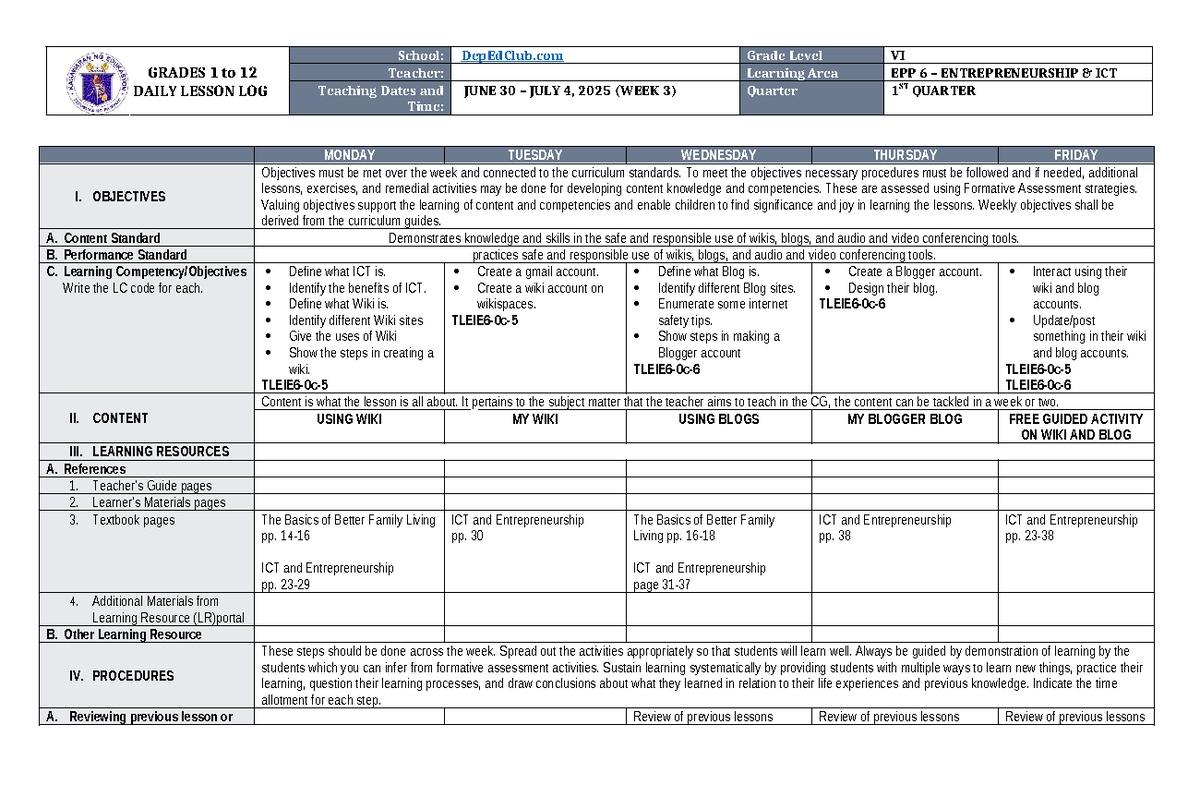 DLL TLE ICT 6 Q1 W3 - Daily Lesson Log for Entrepreneurship - Studocu