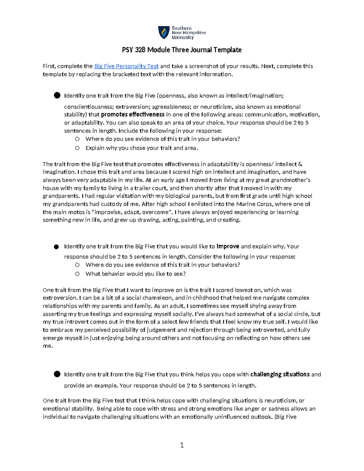 PSY 328 Big Five Personality Test Reflection Journal Template - Studocu
