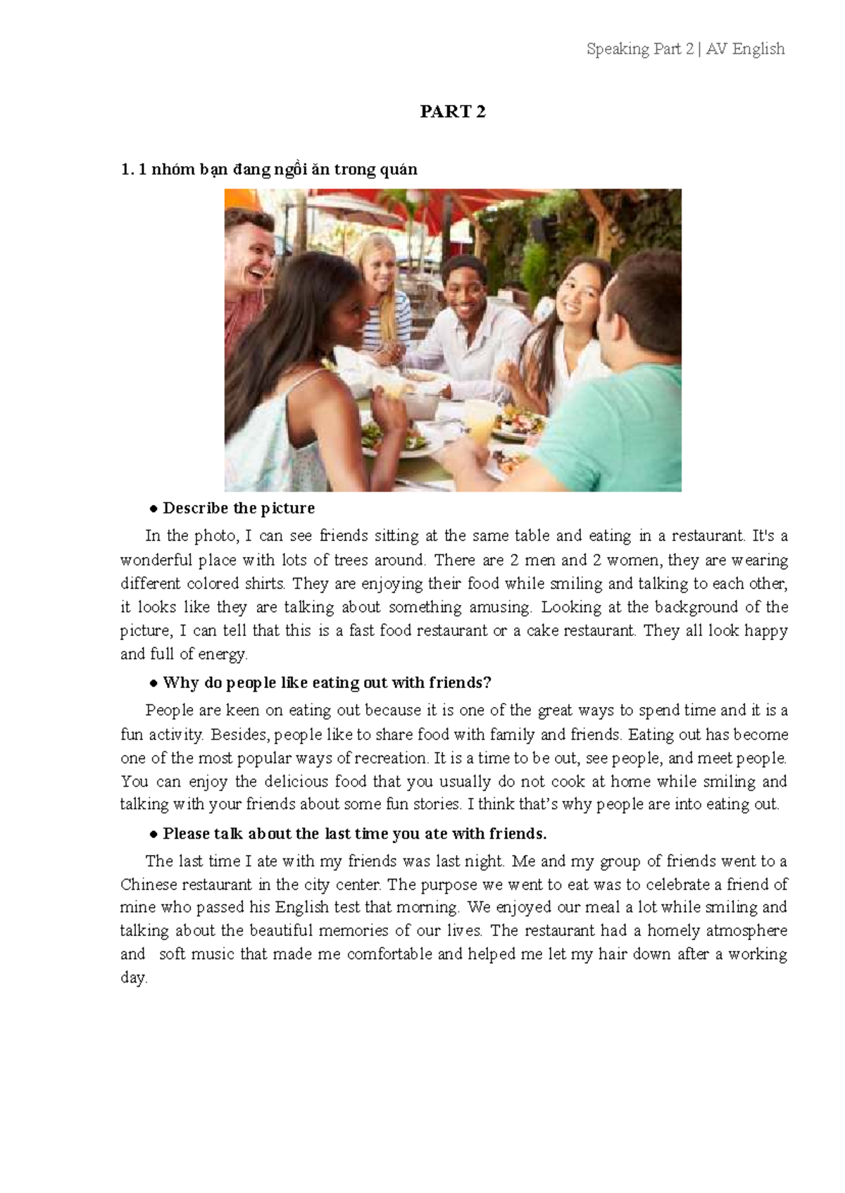 Speaking Part 2 AV English - Descriptions and Experiences - Studocu
