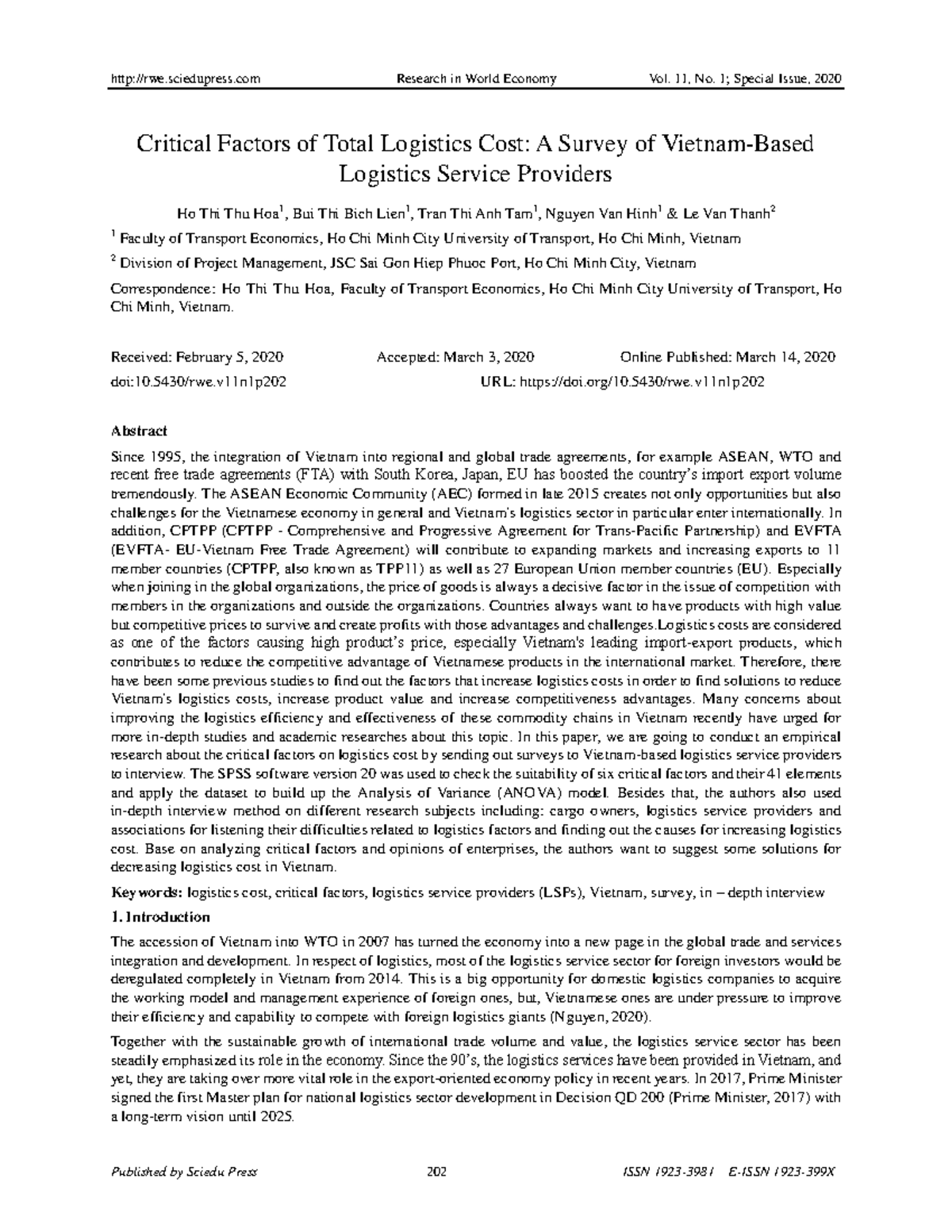 Critical Factors of Total Logistics Cost: A Survey of LSPs in Vietnam ...