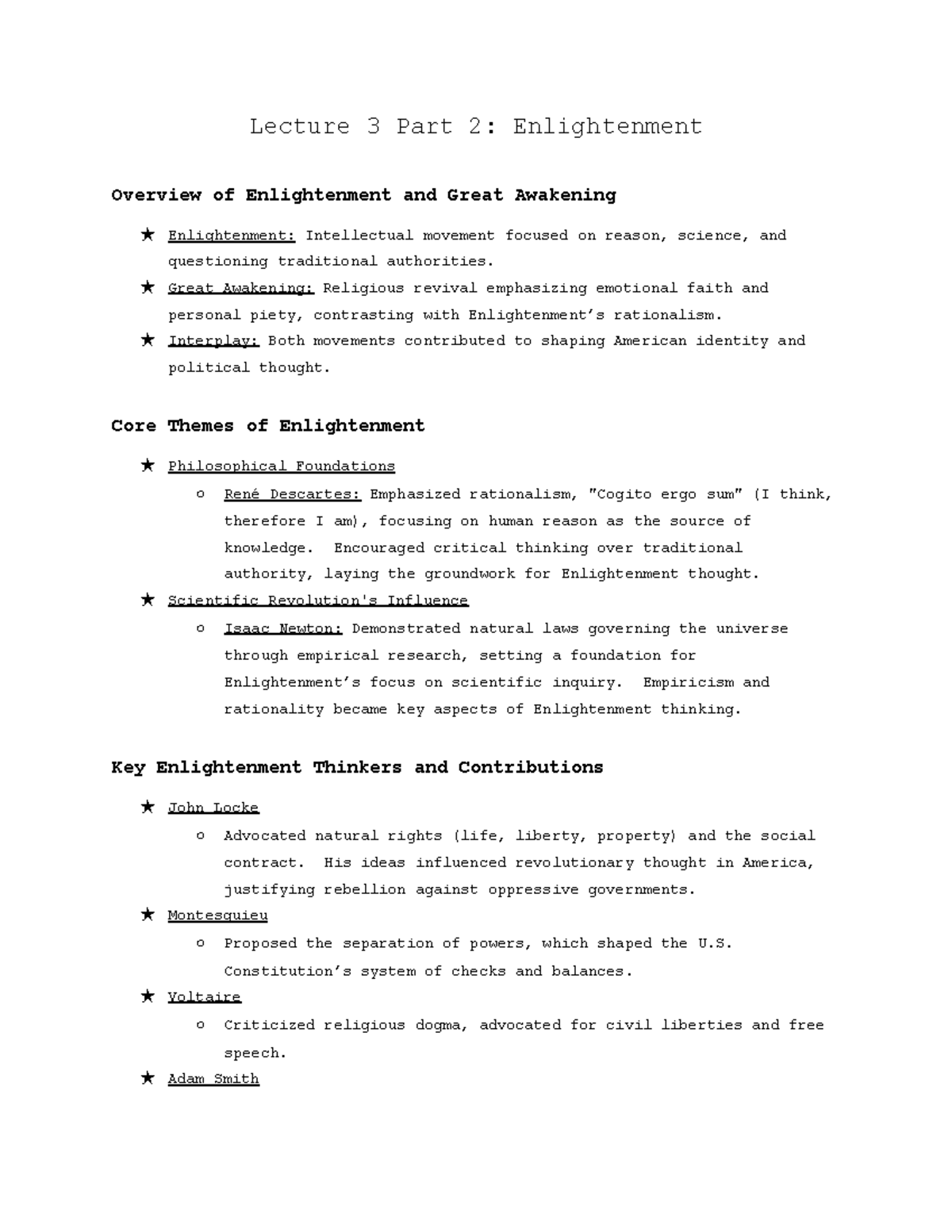 U.S History I- Lecture 3 Part 2 Enlightenment - Lecture 3 Part 2 ...