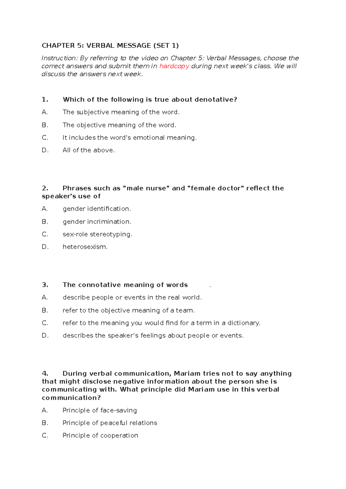 Exercise ON Chapter 5 Verbal Message - CHAPTER 5: VERBAL MESSAGE (SET 1 ...