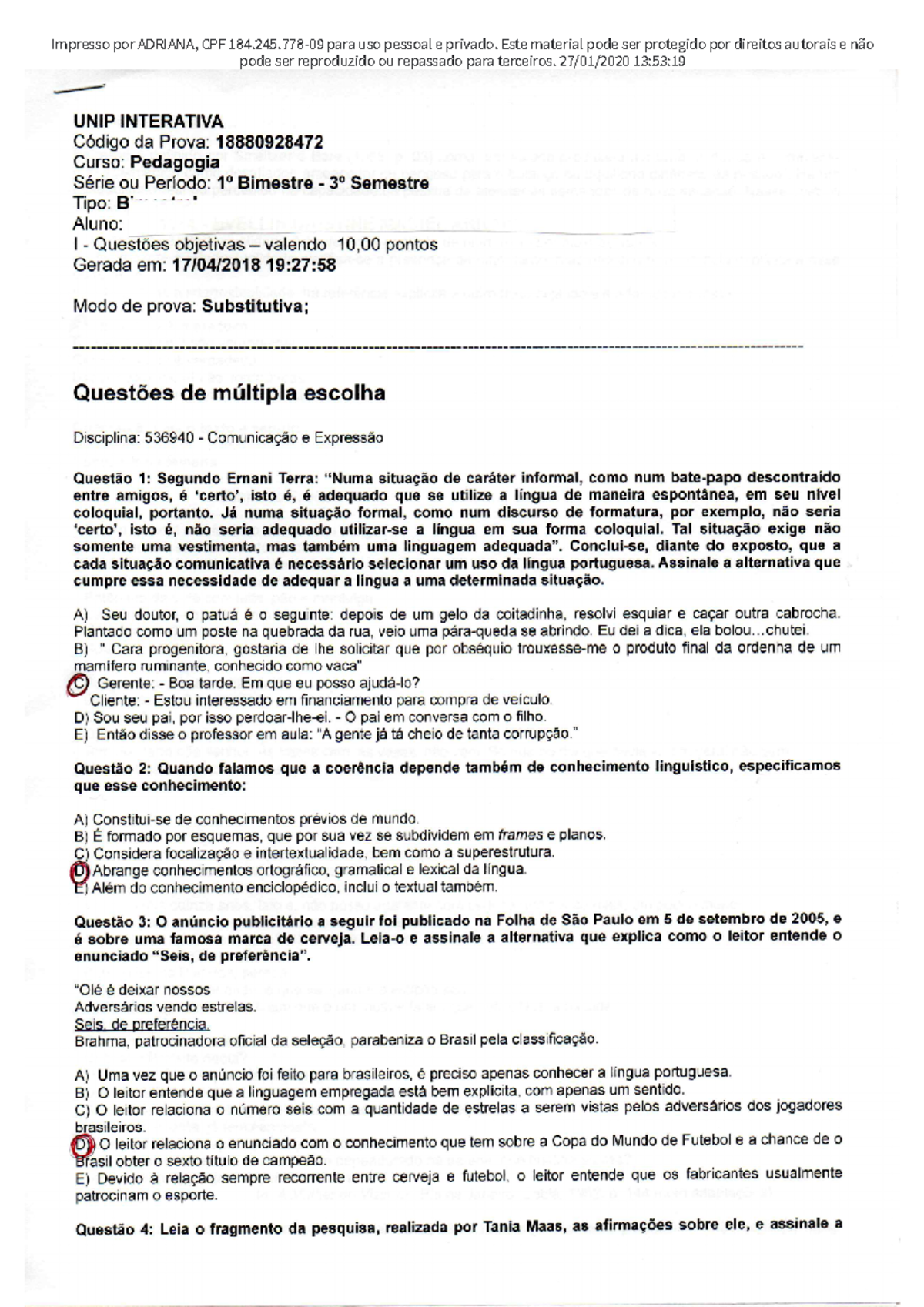 Gabarito Oficial - Prova de Comunicação e Expressão - UNIP - Studocu